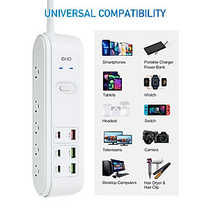 PD 20W Surge Protector, 10 Outlets and 3 USB C&3 USB A Ports, 6ft Extension Cord, Overload Protection, Desktop High-Speed Charging Station Power Bar for iPhone 14, 1875W/15A, 4500J