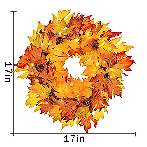 MorTime Thanksgiving Wreath with LED Lights Pumpkin Pinecones Red Berries Maple Leaves, 17" Harvest Day Themed Hanging Silk Fall Door Wreath Welcome Sign for Garden Gate Home Thanksgiving Decorations