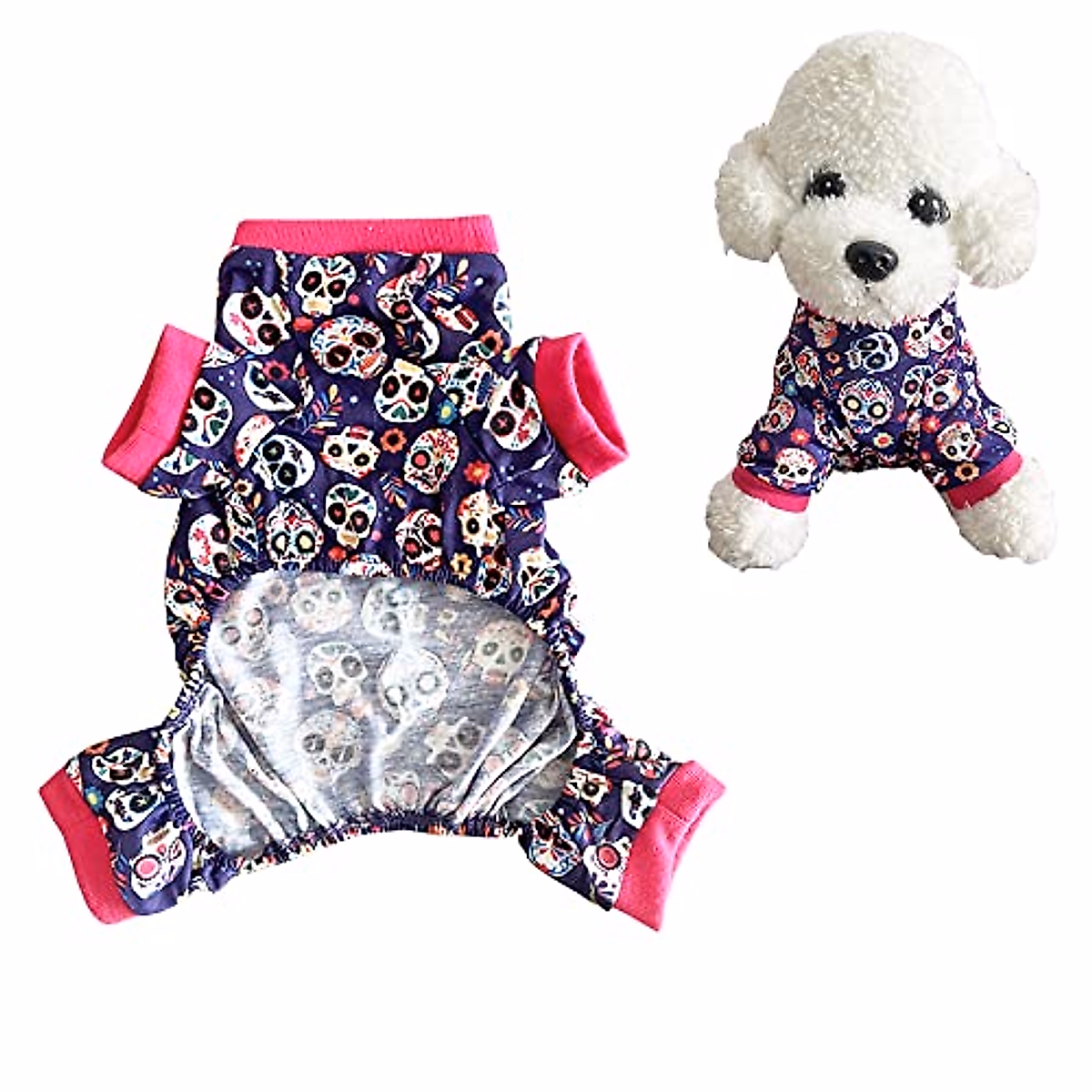 Gittcoll Anelekor Halloween Dog Jumpsuit Skull Pet Pajamas for Small Medium Dogs Warm Puppy Onesie Cozy Winter Clothes Pet Costume Apparel for Cats (Skeleton, Small)