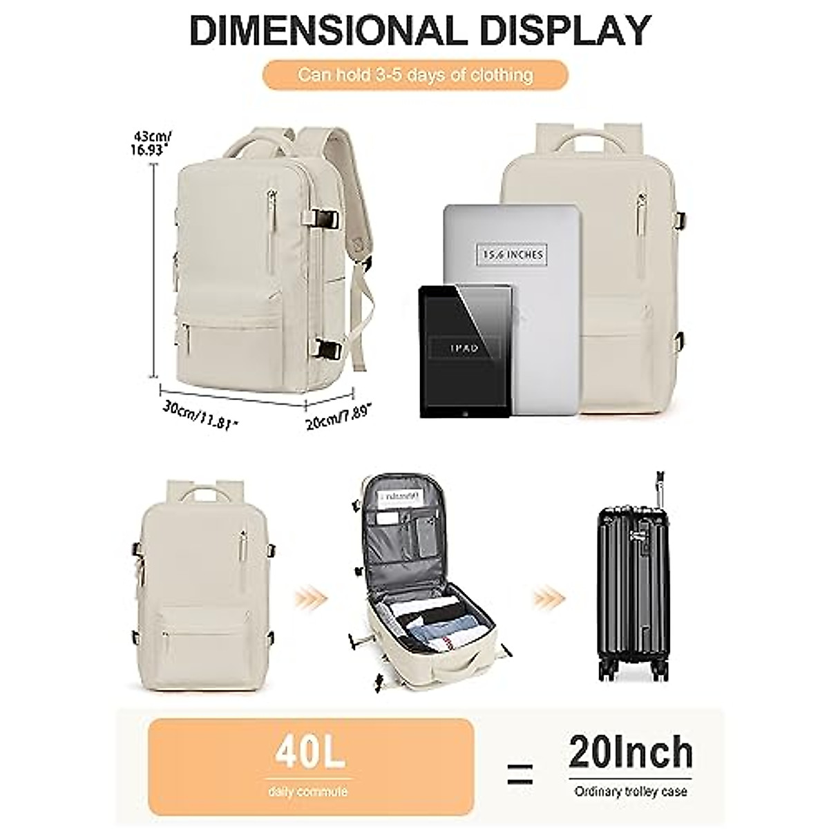 winspansy Carry on Backpack,Travel Backpack for Women Men Airline Approved Personal Item Size Hiking Gym Backpack Weekender Casual Daypack Backpack Waterproof Bag with Shoe Compartment, Beige