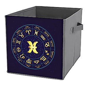 Pisces in Circle PU Leather Collapsible Storage Bins Canvas Cube Organizer Basket with Handles