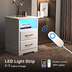 NEDYO White Nightstand with Charging Station & LED, Bed Side Table with 2 Drawers, Modern Small End Table for Bedroom and Living Room. Cream White