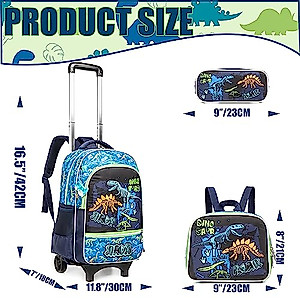 MYHSBYO Rolling Backpack Boys Kids Rolling Backpack Dinosaur Backpack with Wheels for Boys Wheeled Backpack Carry on Luggage Bookbag with Roller Set for Elementary