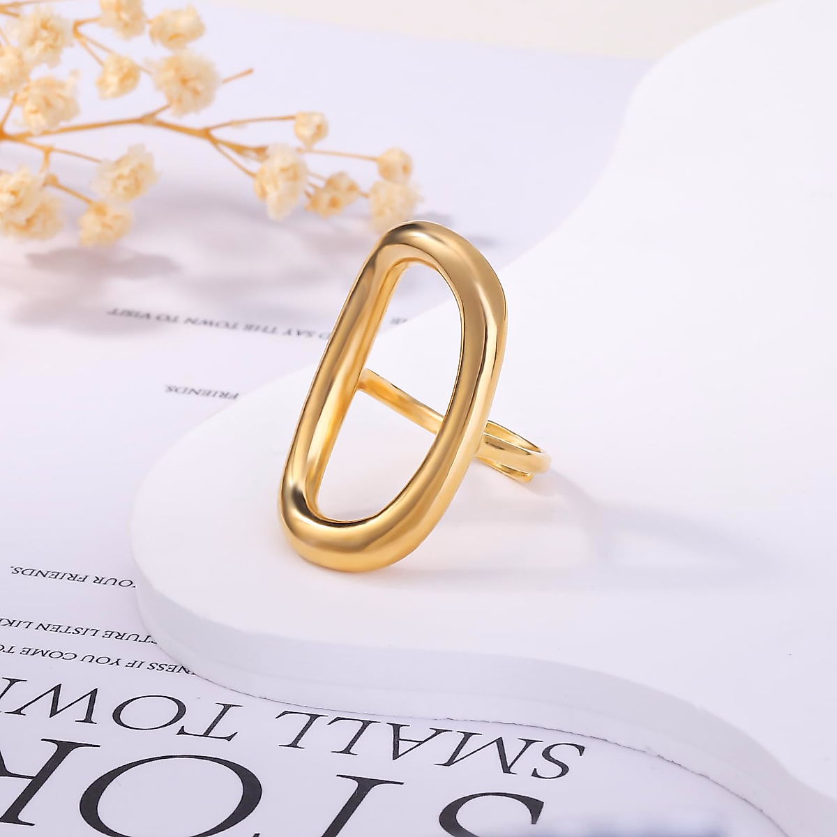 YADUDA Dainty Oval Open Ring for Women 18K gold plated Chunky Statement Band Rings Simple Stack Finger Jewelry Gift,Size 8