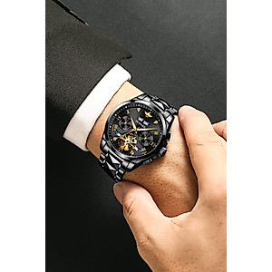 OUPINKE Black Men Automatic Mechanical Wrist Watches Luxury Dress Tungsten Steel Luminous Waterproof Sapphire Diamond Calendar Best Gifts Men