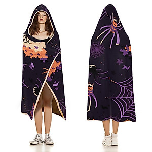 Seamless Pattern Halloween Spider Web Purple Hooded Blanket Happy Halloween Big Hug Fleece Hooded Blanket for Women Men Soft Cozy Blanket Snuggling Sofa Bedding 40"x50" Spring Summer Blanket Hoodie