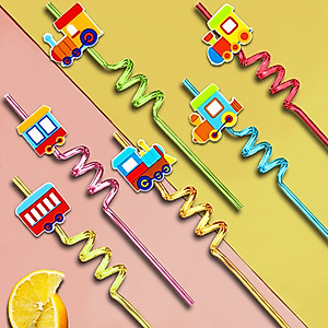 24 Pack Train Theme Shaped Straws Reusable Plastic Straws Drink Cocktail Straws with Cartoon Decoration Kids Train Party Supplies Birthday Party Favors with 2 Cleaning Brushes