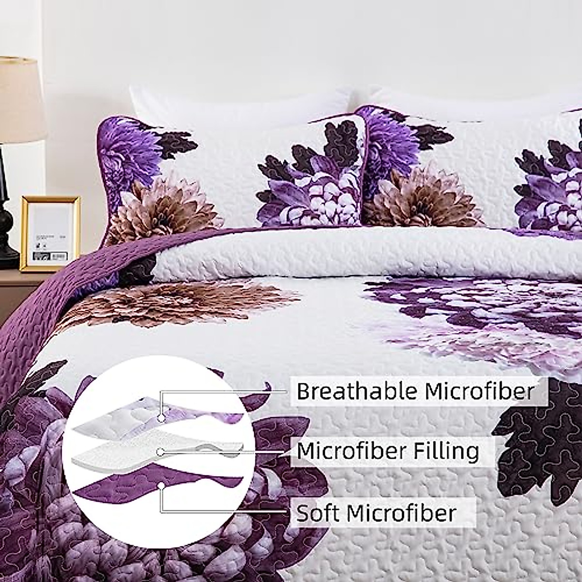 Dintszyayue Floral Quilt Set King Size, 3 Pieces Purple Flower Quilt Coverlet Set with 2 Pillowcases Lightweight Microfiber Bedspread All Season King 104"x90"