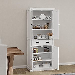Locsear 71.65" Kitchen Pantry Cabinet, Traditional Freestanding Tall Storage Cabinet Cupboard with 4 Doors, 1 Drawer, and 4 Shelves, White