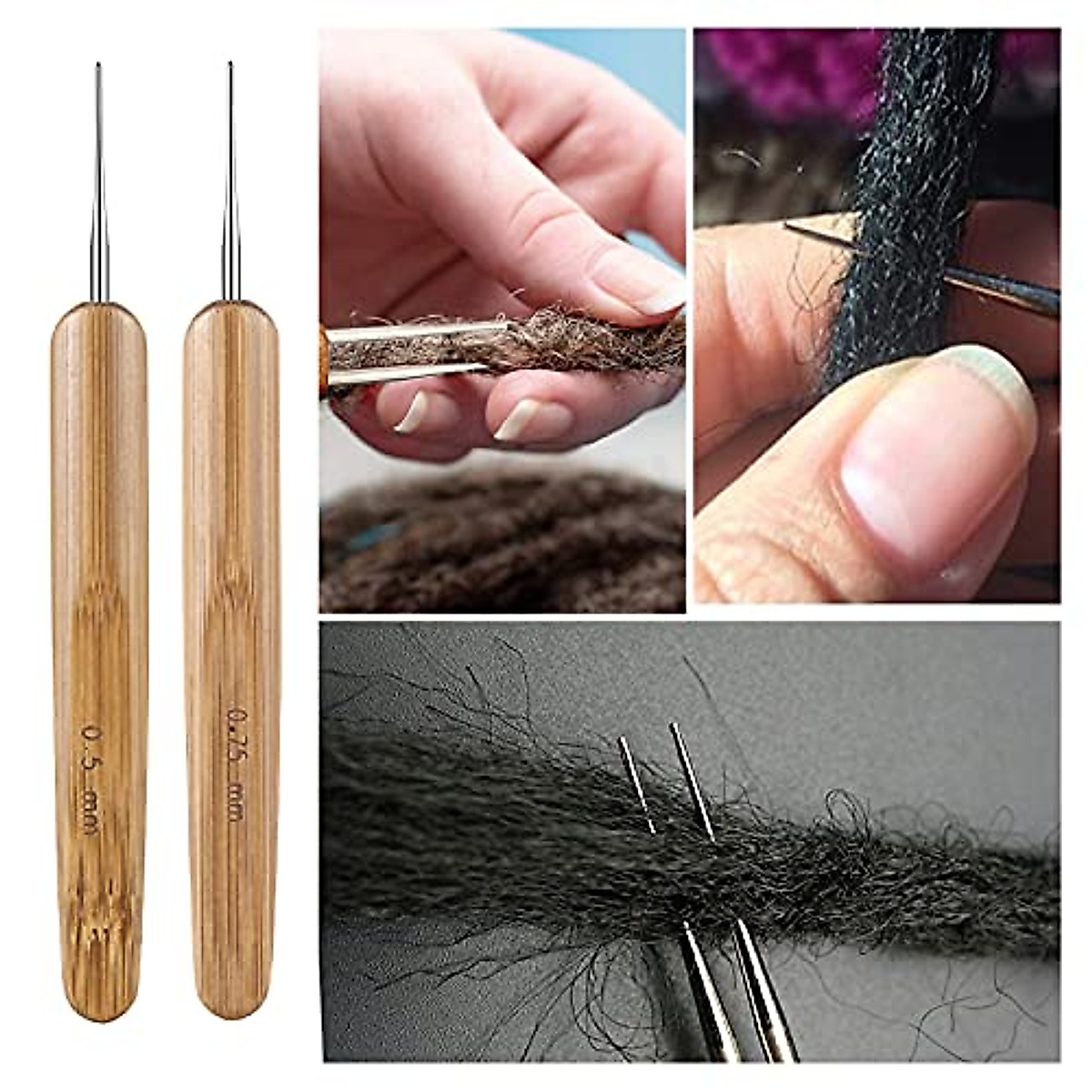 Vodiye Dreadlock Crochet Hook for Hair, 0.5mm 0.75mm Steel Locs Crochet Needle for Hair, Professional Dreadlock Crochet Needle with Bamboo Handle, Dreadlocks Beads Mixed Golden Silver for Braid Craft