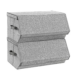 SONGMICS Stackable Storage Bins, Set of 2 Fabric Storage Boxes with Lids, with Magnetic Closures, Lid Can Stay Open after Stacking, ‎19.7 x 13.8 x 9.8 Inches, Light Gray URLB03GY