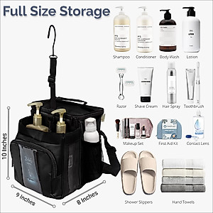 TERRA HOME Portable XL Shower Caddy Bag - College Dorm Room Essentials for Men, Women, Students - Foldable, Water Resistant with Hanging Keychain Hook and Shoulder Strap Shower Organizer Bag (Black)