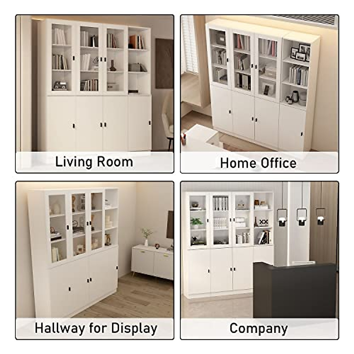 FAMAPY Storage Cabinet Set Bookcase Cabinet Display Cabinet with Glass Doors, Bookcase with Doors, Open Shelves, Black Handles, for Living Room White (62.9”W x 12.2”D x 70.9”H)
