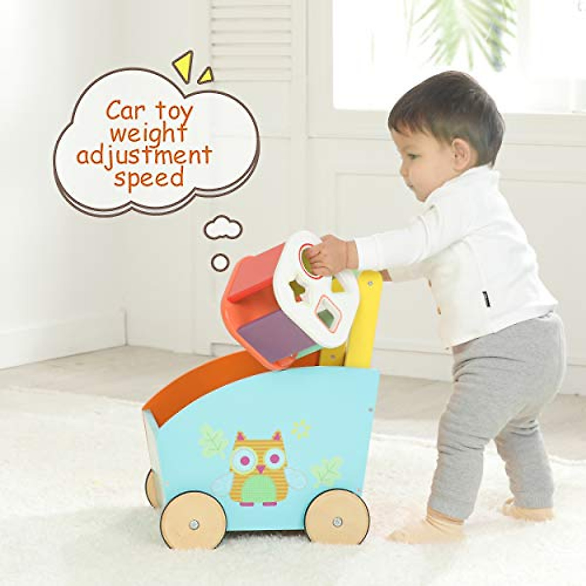 labebe - Baby Walker, Kid Shopping Cart Walker, Push Toy for 1-3 Years Old, Infant Wooden Walker, Sit to Stand Learning Walker, Toddler Outdoor Activity Walker, Children Walker Toy with Wheels-Owl