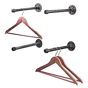 PIPE DECOR Industrial Pipe Wall Mounted Clothing Rack, Commercial or Residential Wardrobe Clothes Display, Heavy Duty Rustic Vintage Steel Grey Black Metal Garment Bracket Frame, 4 X 12 Brackets