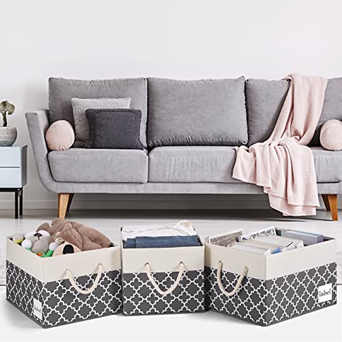 RVSNQ Large Fabric Storage Bins, Closet Storage Bins with Cotton Rope Handle and Label, Foldable Storage Boxes for Organizing, Storage Baskets for Shelves Bedroom Office (3-Pack, Grey Quatrefoil)