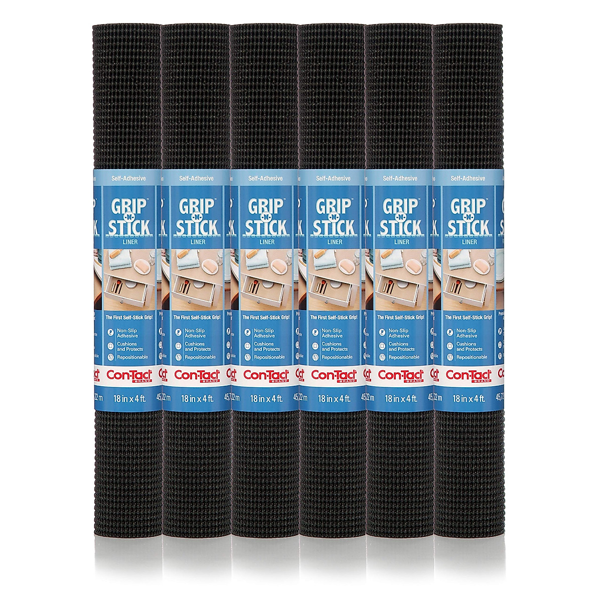 Con-Tact Brand Grip-N-Stick Durable Self-Adhesive Non-Slip Shelf and Drawer Liner, 18" x 4', Black, 6 Rolls