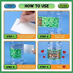 48 Pieces Pixel Waterproof Bottle Labels Miner Bottle Labels Party Decorations Potions Bottle Pixel Themed Birthday Party Supplies for Kids Boys Girls Video Game Pixel Style Birthday Party Favors