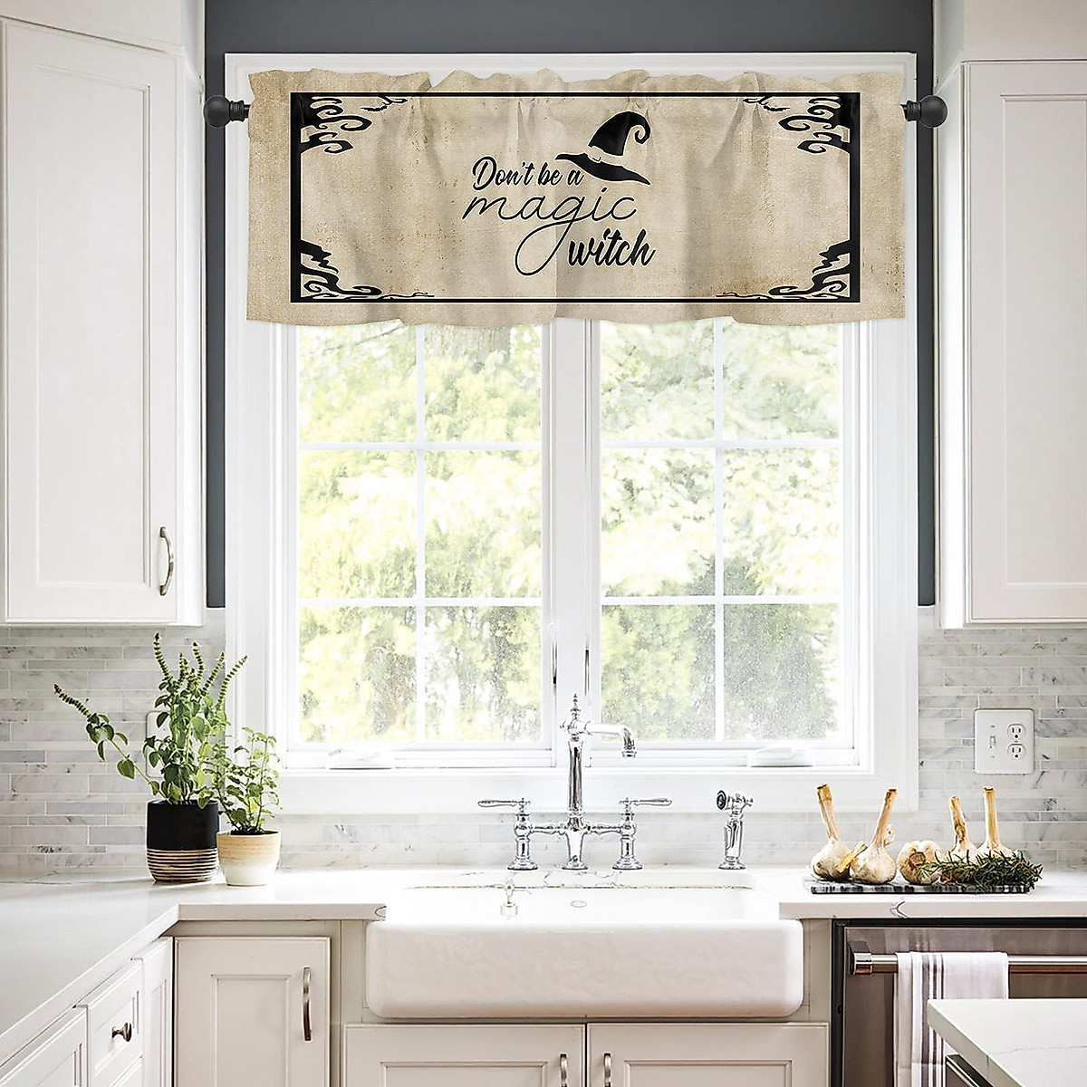 Seven Roses Don't Be a Magic Witch Halloween Lace Farmhouse Short Window Curtain Valances, Retro Beige Backdrop Rod Pocket Kitchen Valances for Living Room Bedroom Bathroom Cafe, 1 Panel - 54" x 18"