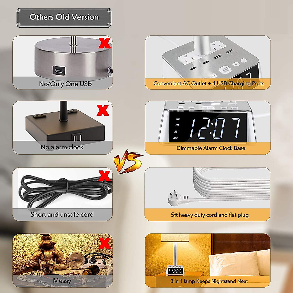 Yostyle Table Lamp Bedside Lamp with 4 USB Ports and AC Power Outlets, Alarm Clock Base w/ 5Ft Extension Cord, Square Oatmeal Fabric Lampshade Modern Accent Nightstand Lamps for Bedrooms Living Room