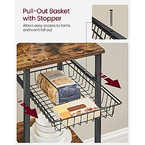 VASAGLE Baker's Rack, Microwave Stand, Kitchen Storage Rack with Wire Basket, 6 Hooks, and Shelves, for Spices, Pots, and Pans, Rustic Brown and Black UKKS35X