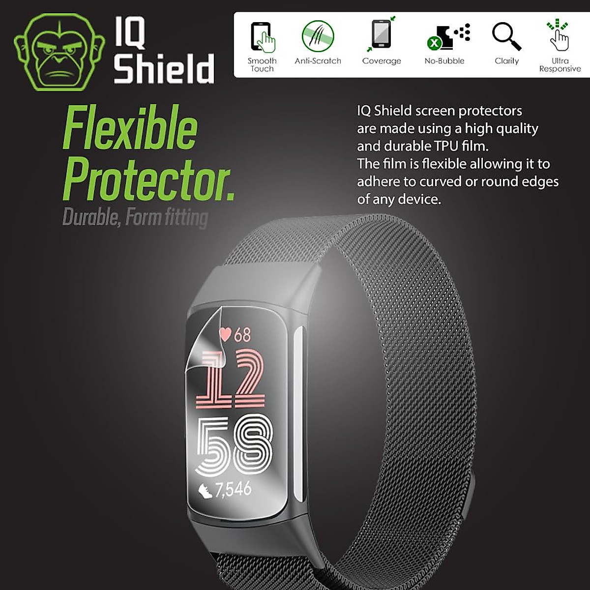 IQShield Screen Protector Compatible with Fitbit Charge 6 / Charge 5 (6-Pack) Anti-Bubble Clear TPU Film
