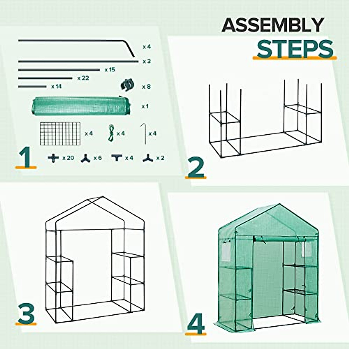 EAGLE PEAK 61'' x 28'' x 79'' Walk-in Greenhouse, 2 Tier 4 Shelves Portable Plant Gardening Greenhouse, Front Roll-Up Zipper Entry Door and 2 Roll-Up Side Windows, Green