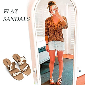 katliu Women's Flat Sandals Two Strap Slide Sandals Open Toe Cow Print Brown 8