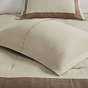 Madison Park Darcey Cozy Comforter Set, Faux Suede, Deluxe Hotel Styling All Season Down Alternative Bedding Matching Shams, Decorative Pillow, King/Cal King(104 in x 92 in), Border Taupe 4 Piece