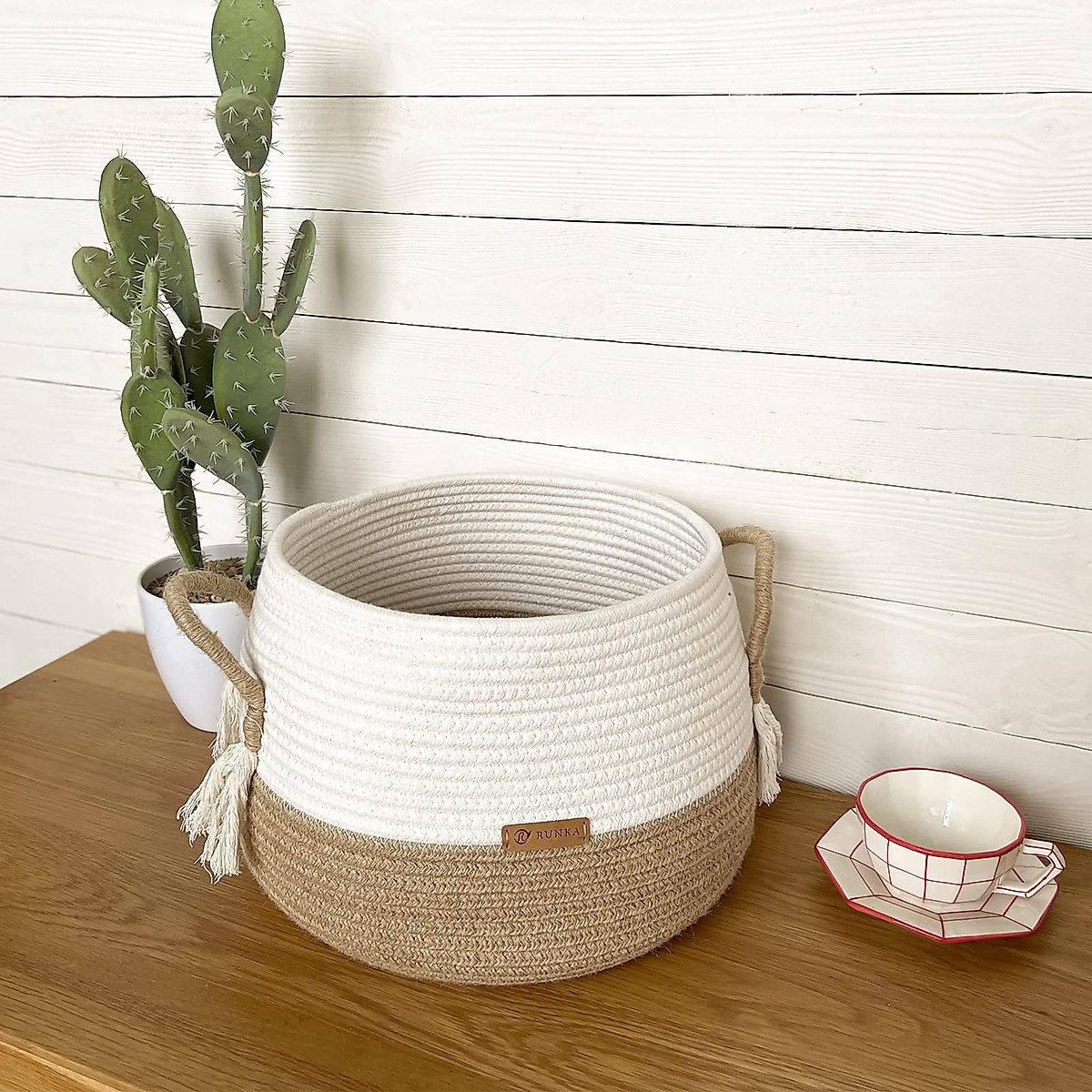 R RUNKA Small Basket for Stuffed Animal,Clothes,Baby Blankets -11.8"x9.8"- Boho Baskets for Living Room,Bedroom,Nursery |Cotton Rope Baskets, Cube Basket, Under Shelf Basket | Baskets for Home Decor