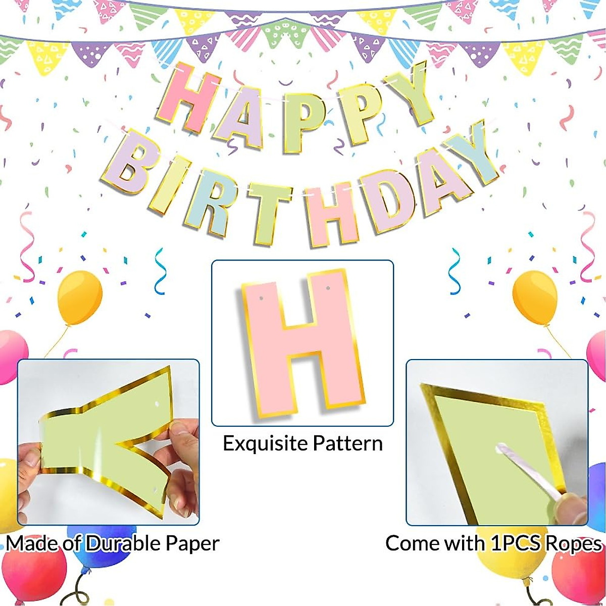 Happy Birthday Banner, Pre-Strung Happy Birthday Sign, Macaron Birthday Banner, Pastel Birthday Party Decorations, Birthday Decorations for Girls, Women, Baby Shower, Birthday Party Supplies(No DIY)