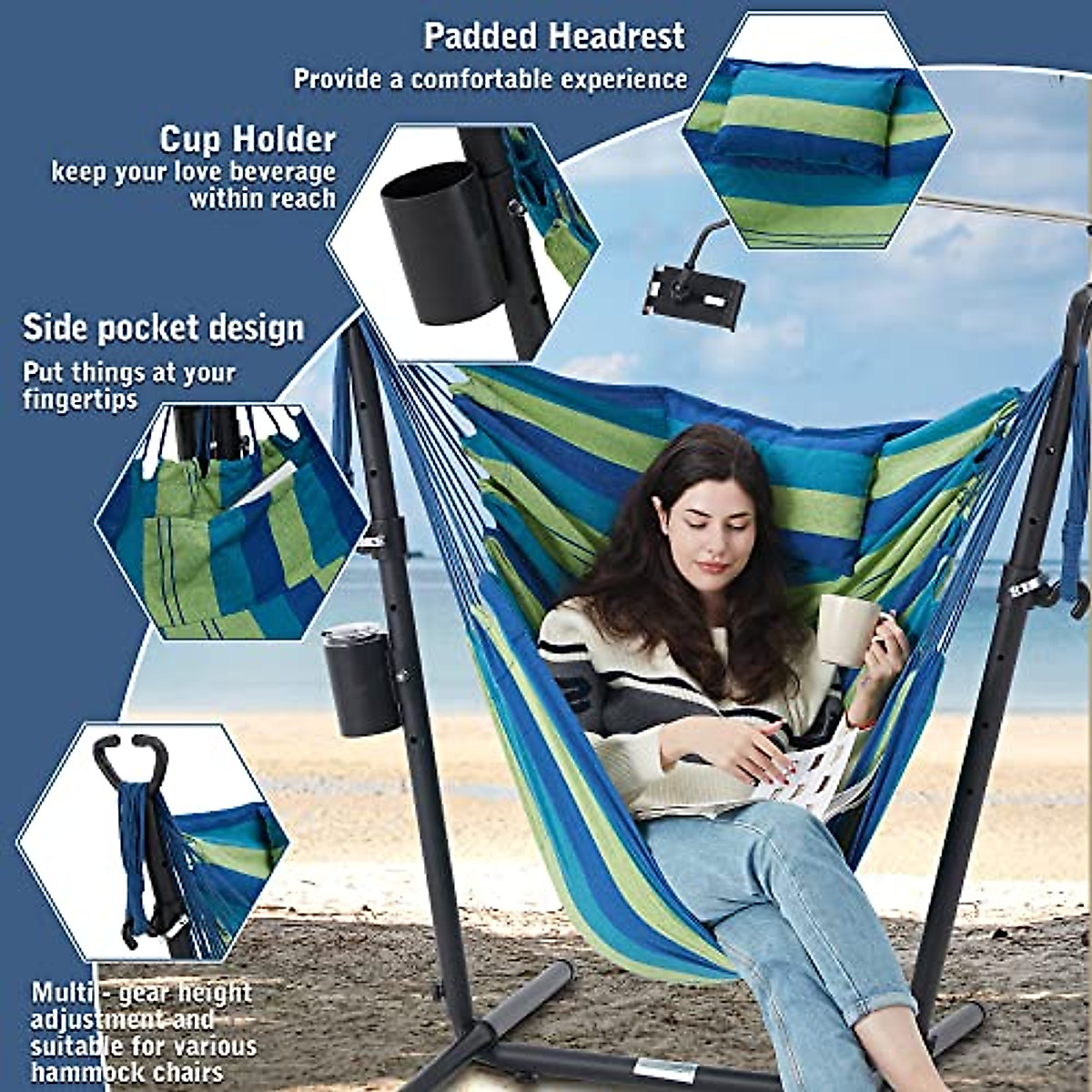 Hammock Chair with Stand Adjustable Swing Chair with Phone Stand Cup Holder Includes Double Hanging Chair Flow Bohemian Hand Indoor Outdoor Patio Garden Yard 420 lb Capacity (Blue-Green)
