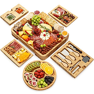 Charcuterie Boards Deluxe Gift Set - 23 Pieces, Bamboo - Large Cheese Board Plus Fruit Tray for Thanksgiving Party, Christmas Present, Birthday w/ Utensil Drawer, Knives, Forks, Wine Opener & More
