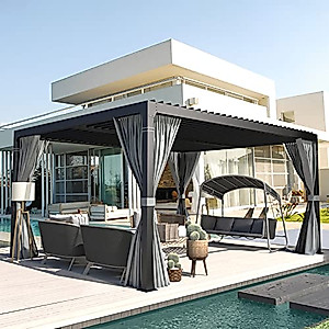 EROMMY 10' x 12' Outdoor Louvered Pergola, Patio Hardtop Gazebo, Sun Shade Shelter, Adjustable Metal Roof Hardtop Gazebo for Deck Patio Garden Yard, Curtains and Netting Included, Black