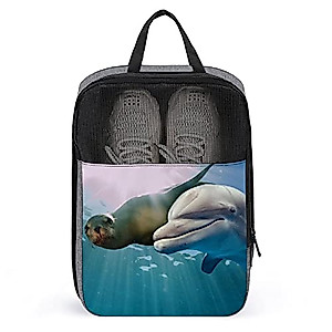 Frcavbin Travel Shoe Bag Shoes Carrier with Handle and Zipper Foldable Shoe Puches Organizer for Home storage School starts (Dolphin And Sea Lion)