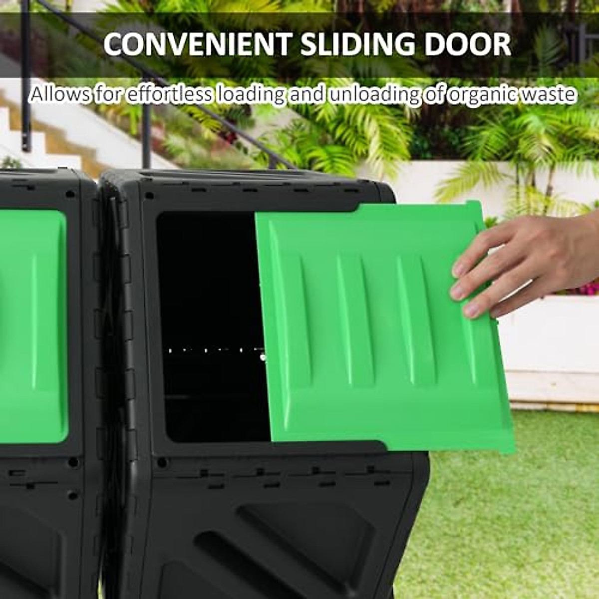 LUCKYERMORE Dual Chamber Tumbling Composter, 2-17.2 Gallon Outdoor Rotating Compost Tumbler Bin with 2 Sliding Doors and Lockable Brake for Garden Yard