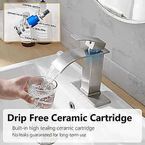 BATHLAVISH Bathroom Sink Faucet Waterfall Brushed Nickel Single Hole Modern with Pop Up Drain with Overflow Vanity Lavatory Single Handle Brush Mixer Tap Deck Mounted