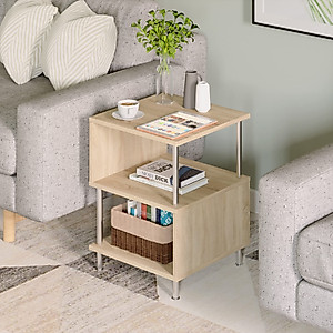 Bestier Night Stand, End Table S-Shaped Side Table with Storage Shelf, 3 Tier Sofa Table for Living Room, Bedside Tables for Bedroom, Small Tables for Small Spaces (Light Oak, 15.8 Inch)
