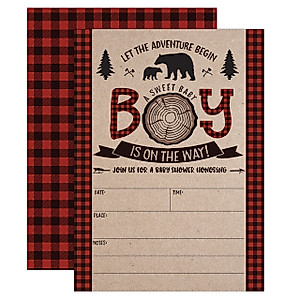 Your Main Event Prints Lumberjack Baby Shower Invitations - Boy Baby Shower Invitations - Mama Bear Baby Shower Invites - Woodland Baby Shower Invitations - 20 Fill-In Invitations and White Envelopes