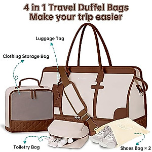 ETRONIK Weekender Overnight Bag for Women, Large Travel Duffle Bag with Shoe Compartment & Wet Pocket, Carry On Tote Bag Gym Duffel Bag with Toiletry Bag, Bag for Hospital 4 Pcs Set, Beige-Brown