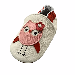 iEvolve Baby Leather Shoes Soft First Walker Shoes Crib Shoes Moccasins for Toddlers(Red Owl, 12-18 Months)