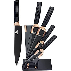 ZHUJIABAO Black Kitchen Knife Block Set with Acrylic Stand 6PCS Professional Stainless Steel Chef Knife Set with Nonstick Coating and Ultra Sharp Edge Cutlery Knife Block Set as Gift for Man and Woman