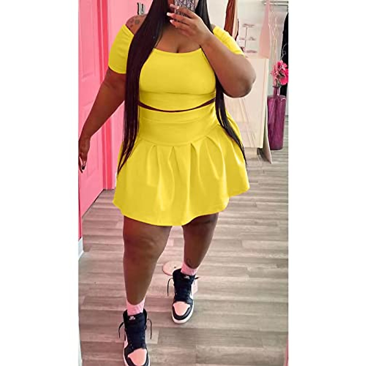 Women's Skirt Sets 2 Piece Club Outfits Plus Size Summer Sexy Off Shoulder Crop Tank Top Mini Dress Yellow XL