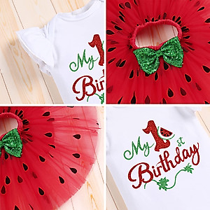 Newborn One Melon Baby Girl First Birthday Cake Smash Outfit Romper + Tutu Skirt/Shrots + Headband 3pcs Princess Formal Prom Clothing Set 0-3Months Clothes Playwear Red-My 1st Birthday 1T