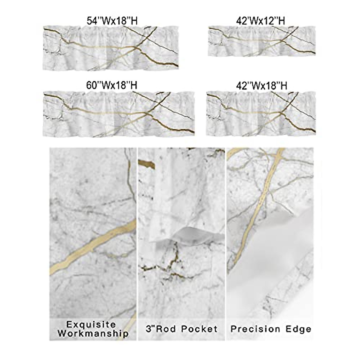 Yun Nist Window Valance Curtain White Marble Gold Stripes Valances for Kitchen Windows,Modern Abstract Geometric Rod Pocket Short Curtains for Bedroom,Bathroom,Living Room 42x12Inch