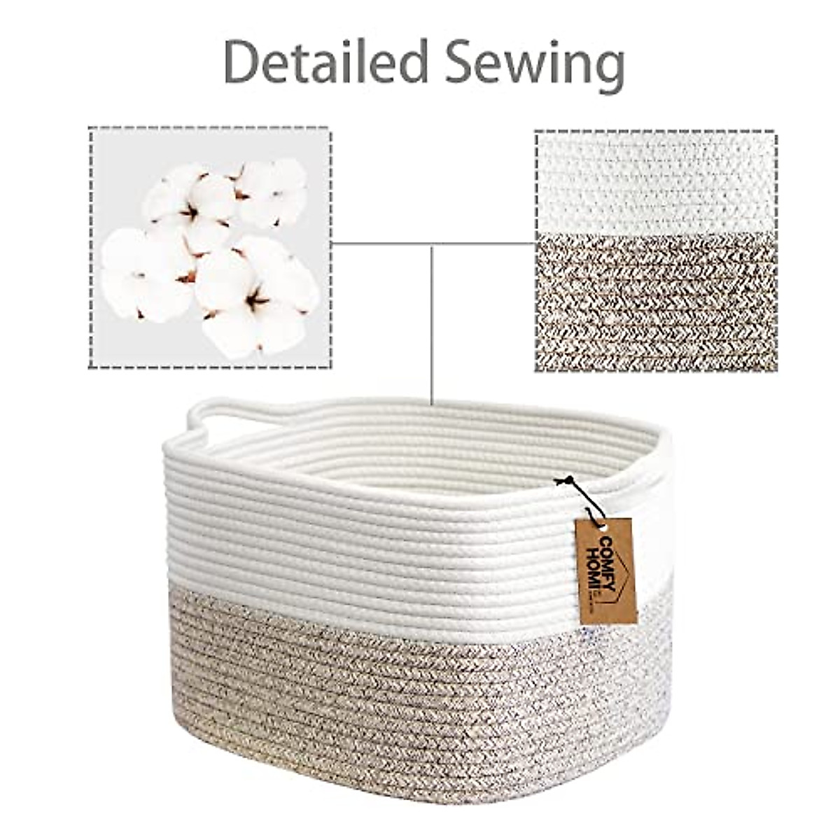 COMFY-HOMI 13.5"x11"x 9.5" Square Cotton Rope Woven Basket with Handle Laundry Storage Bin (Set of 2) Brown and Light Grey