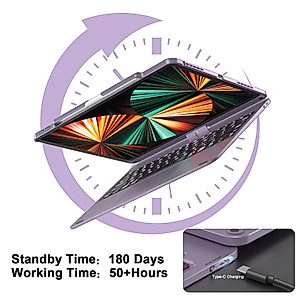 NOKBABO iPad Pro 12.9 inch Case with Keyboard, Rainbow Backlits, Pencil Holder, 360° Rotatable, Keyboard for iPad Pro 12.9 inch 6th/5th/4th/3rd Generation - Dark Purple