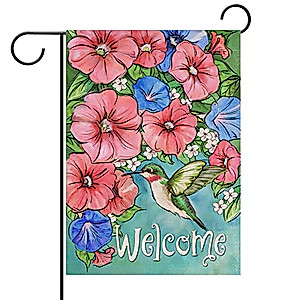 Hzppyz Welcome Spring Floral Flowers Garden Flag Double Sided, Morning Glory Hummingbird Birds Decorative Yard Outdoor Home Small Decor, Summer Farmhouse Burlap Outside House Decoration 12 x 18