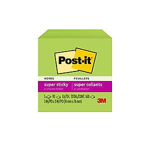 Post-it Super Sticky Notes, 3x3 in, 5 Pads, 2x the Sticking Power, Limeade Green, Recyclable (654-5SSLE)