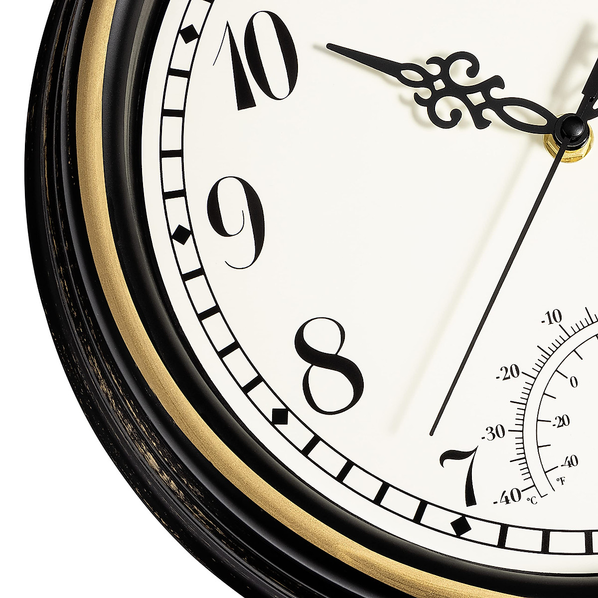 Lumuasky Indoor Outdoor Waterproof Wall Clock with Thermometer, Retro Silent Non-Ticking Battery Operated Round Clock for Garden Patio Yard Home (12 inch, Black Gold)